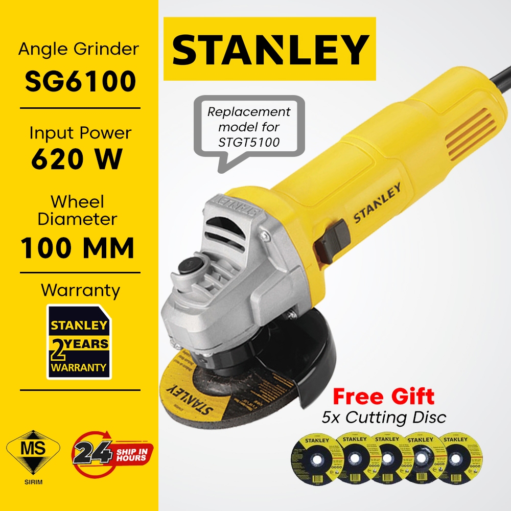 STANLEY SG6100 SLIMLINE 620W SMALL ANGLE GRINDER 4" 12000RPM CABLE 2.3M ...