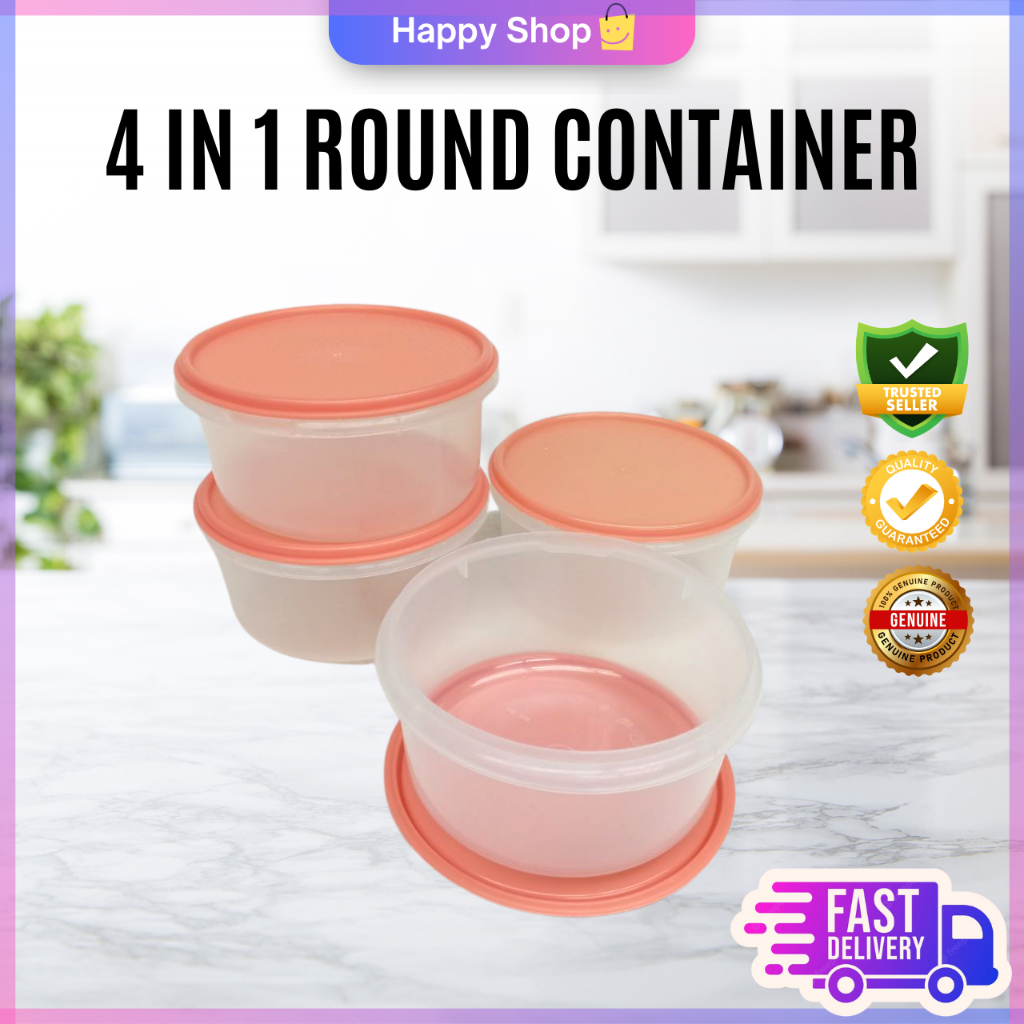 Plastic Round Mini Container 4 in 1 Set With Lid / Small Food Storage Box (350ml x 4pcs ...