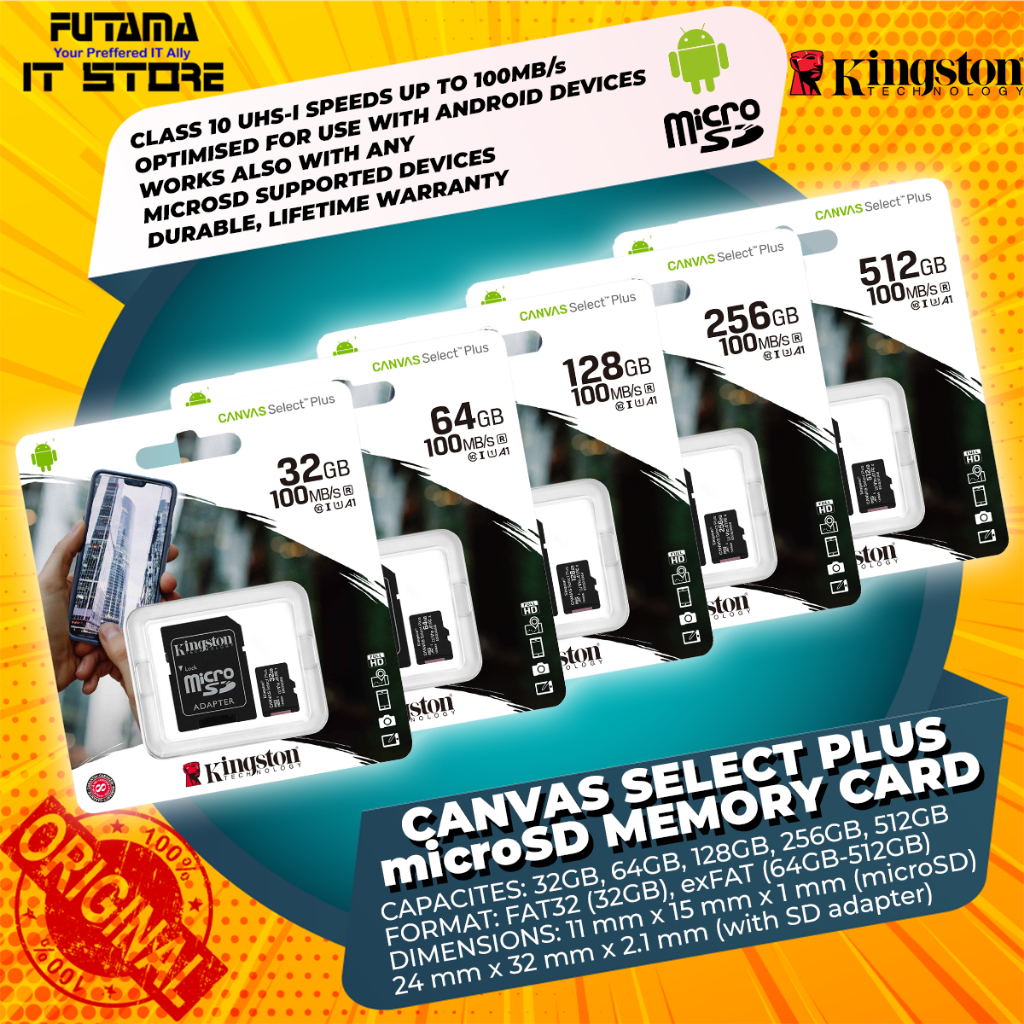 Kingston Canvas Select Plus MicroSD Memory Card - 32GB/64GB/128GB/256GB/512GB, 100MB/s Read ...