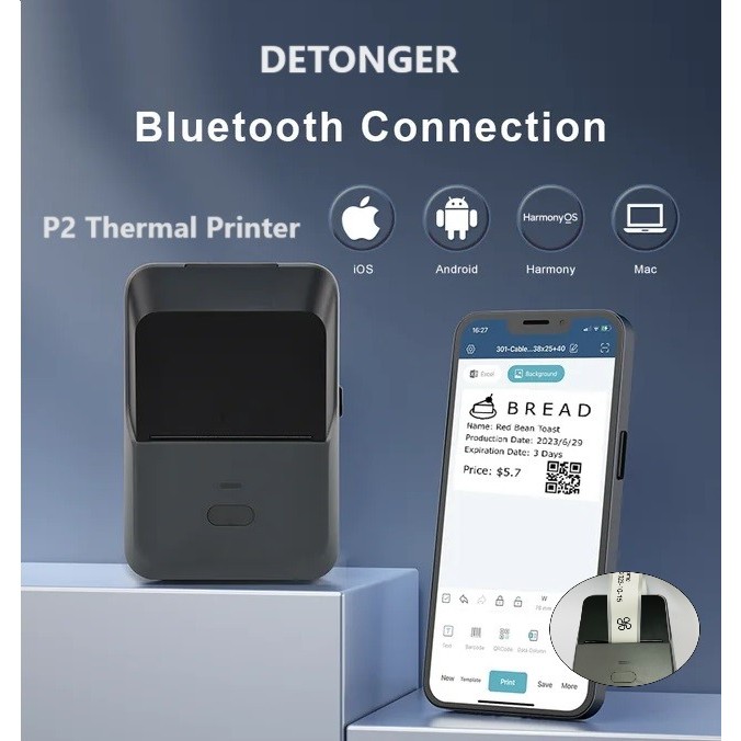 Detonger P2 Portable Thermal Label Printer Printing Ink free Inkless ...