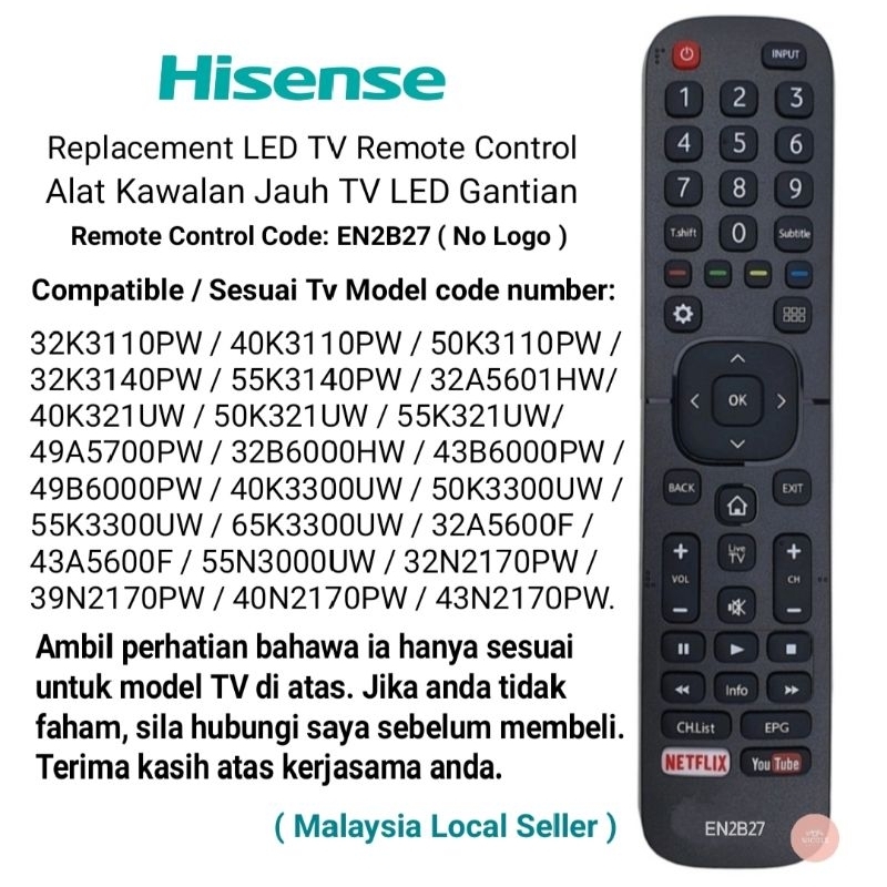 Hisense EN2B27 Smart Led Flat Panel TV Remote Control with Youtube ...