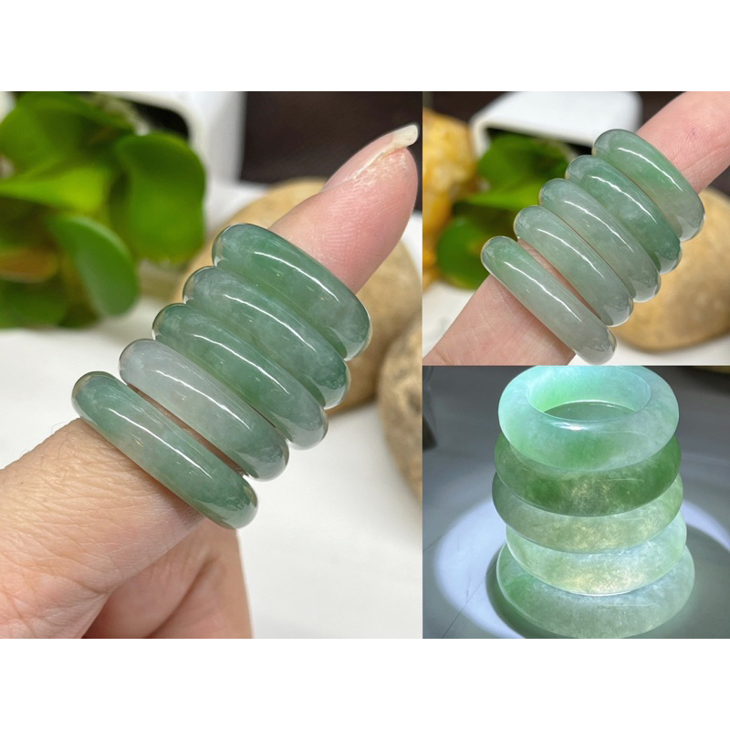 Cincin Batu Jed Asli Burma缅甸A货翡翠【糯冰带绿 戒圈 戒指，一件价】Myanmar Type A Jadeite ...