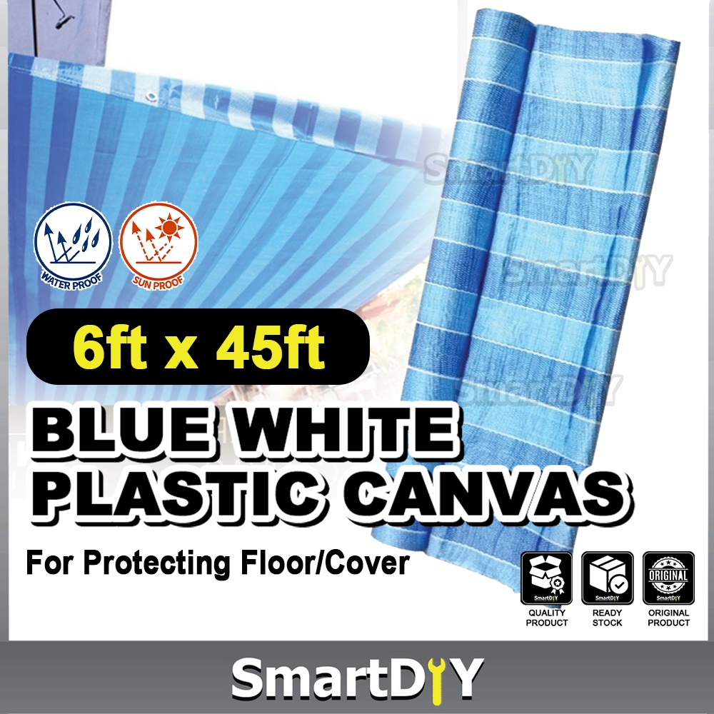 6FT x 45FT± BLUE WHITE PLASTIC CANVAS FOR PROTECTING FLOOR OR COVER ...