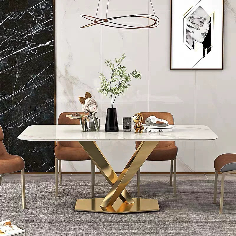 Luxury Marble Dining Table Chair Set Gold Stainless Steel Modern Home ...