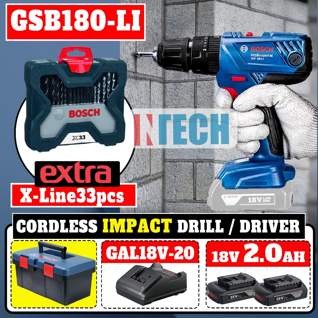 BOSCH GSB180-LI CORDLESS IMPACT DRILL + X-LINE 33PCS OR X-LINE 38PCS ...
