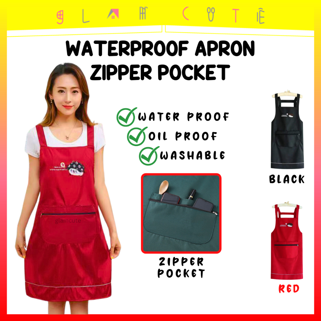 Apron Zip Pocket Kitchen Water Proof Oil Proof Cooking Korean Fashion ...