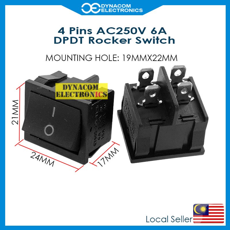 4 Pins AC250V 6A ON/OFF DPDT Rocker Switch Computer Switch Mixer Switch ...