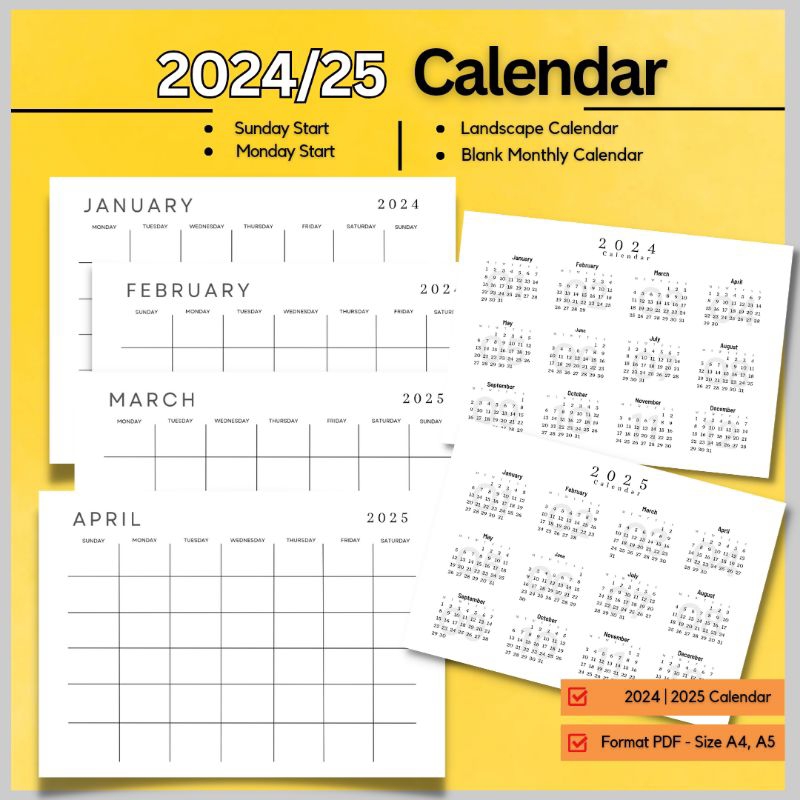 PDF|Printable Calendar 2024 / 2025 | Monthly Planner | A4, A5 ...