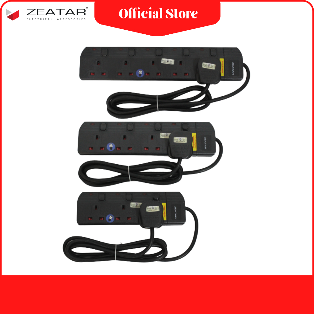 Zeatar Standard 3 Pin Portable Extension Trailing Socket Surge Protector 3 4 5 Way 2 Meters