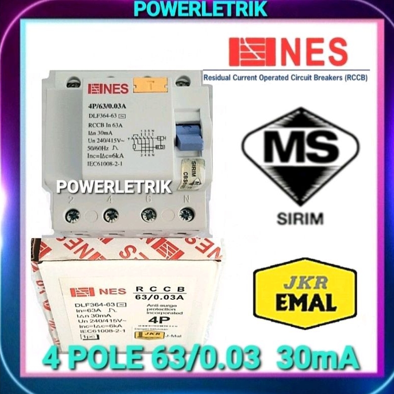 *READY STOCK* NES 4POLE 63A 30mA (0.03A) 3 PHASE ELCB/RCCB SIRIM ...
