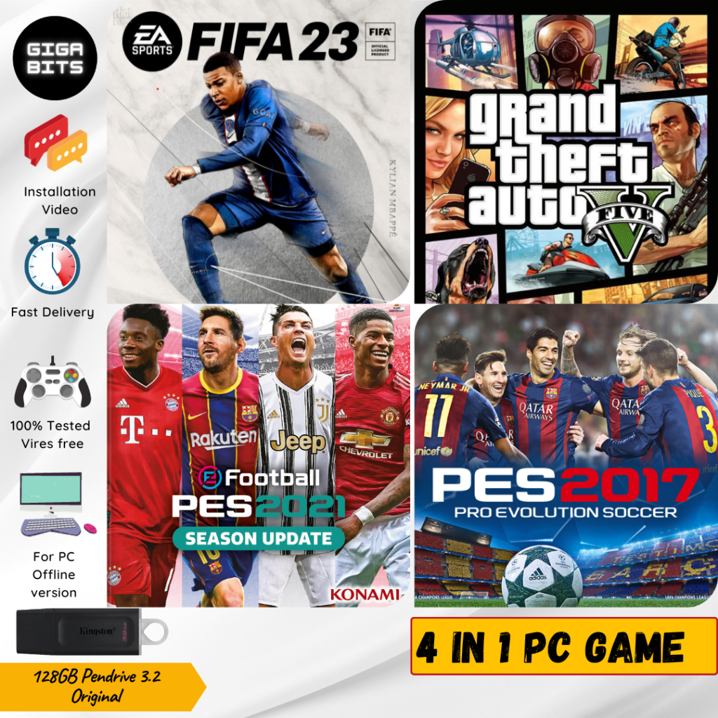 GTA 5 | FIFA 23| PES 2017 | PES 2021 PC GAME 128GB Pendrive plug ...