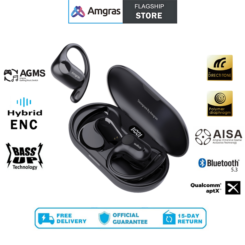 Amgras OpenEcho Ⅲ Ultra Gaming Earphone Bluetooth Low Delay LED Display ...