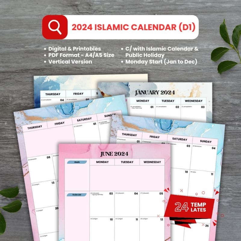 2024 Islamic Calendar with Public Holiday (Monday Start) - Printable ...