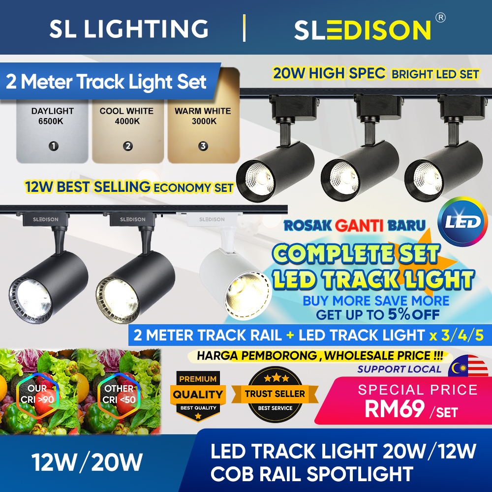 【SET LENGKAP 2 Meter】2 Meter LED Track Light Set 12W 20W Spotlight ...