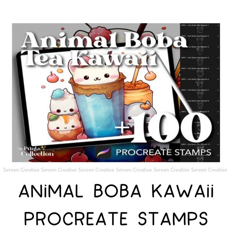P780 Procreate Animal Boba Tea Kawaii Stamps (Cute food, drinks ...