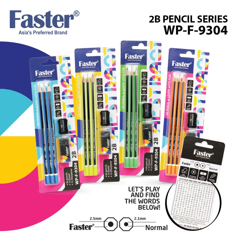 FASTER 2B Pencil Set Blister Pack 6 in 1/ Pensel 2B Set( WP-F-9304 ...