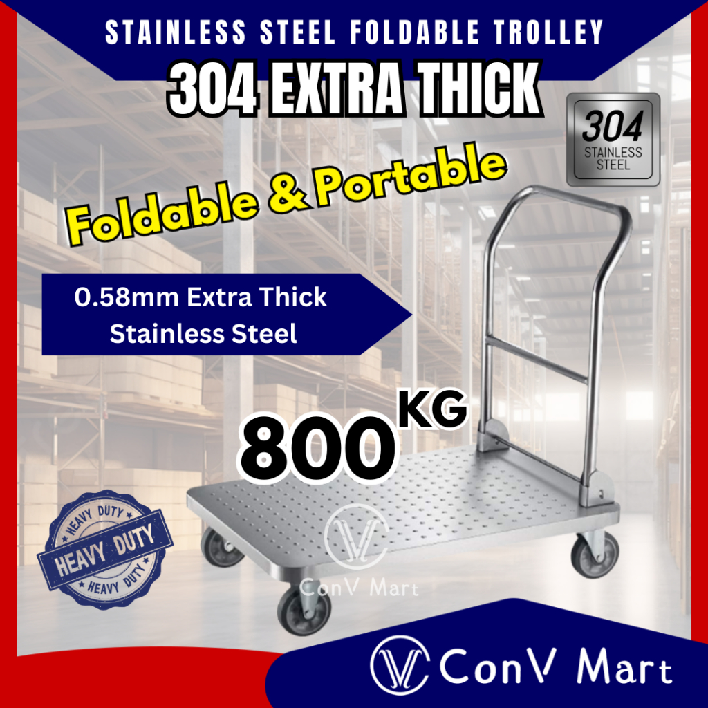 800KG Stainless Steel Heavy Duty Commercial Use Foldable & Portable Trolley Hand Truck Trolley ...