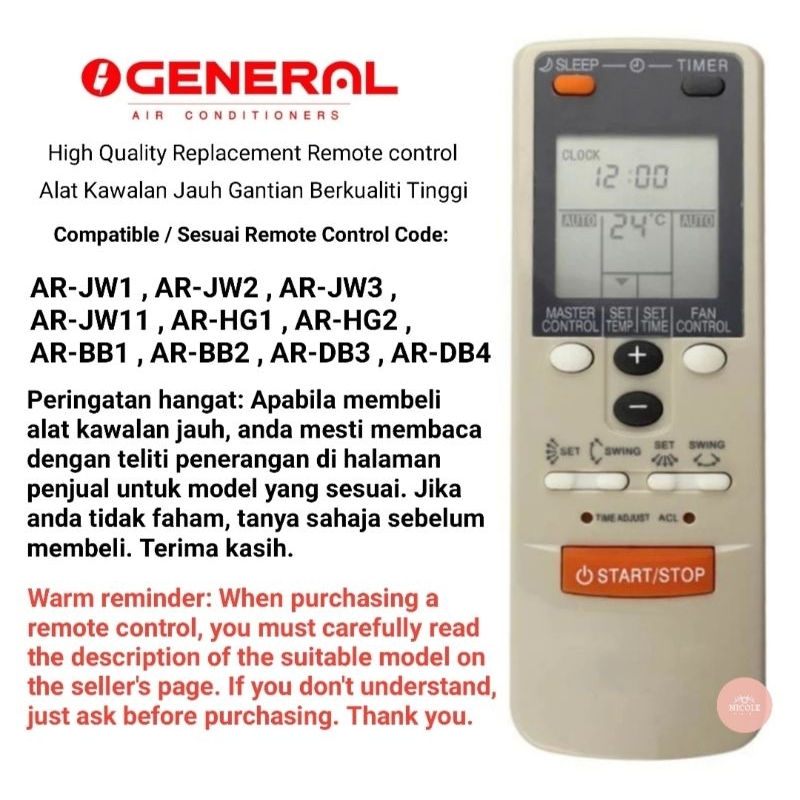 Compatible General / Fujitsu air conditioner Replacement Remote Control ...