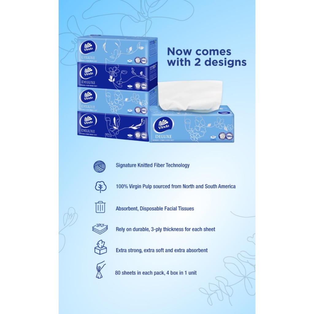 Vinda Deluxe BOX Pack Facial Tissue ASSORTED unscented Blue (80s x 4 ...
