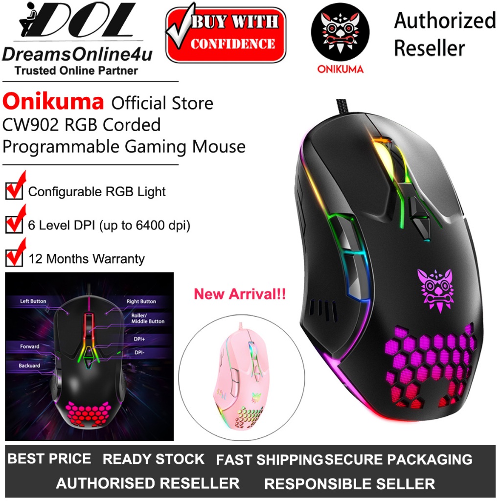 ONIKUMA CW902 Programmable Macro RGB LED Light 7 Action Button Key Adjustable 6 Level 6400 DPI ...