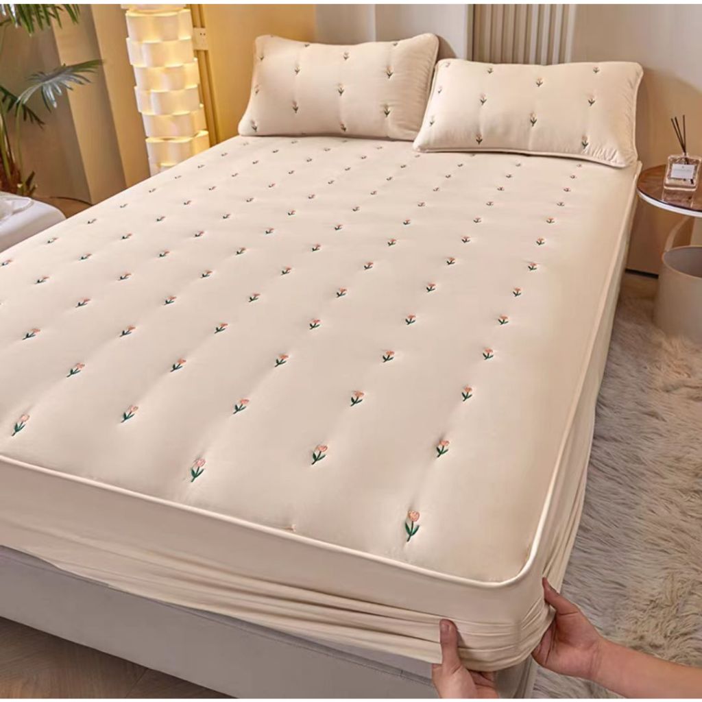 Soybean Fiber Cotton Fitted Sheet Solid Color Embroidery High Grade Bed ...