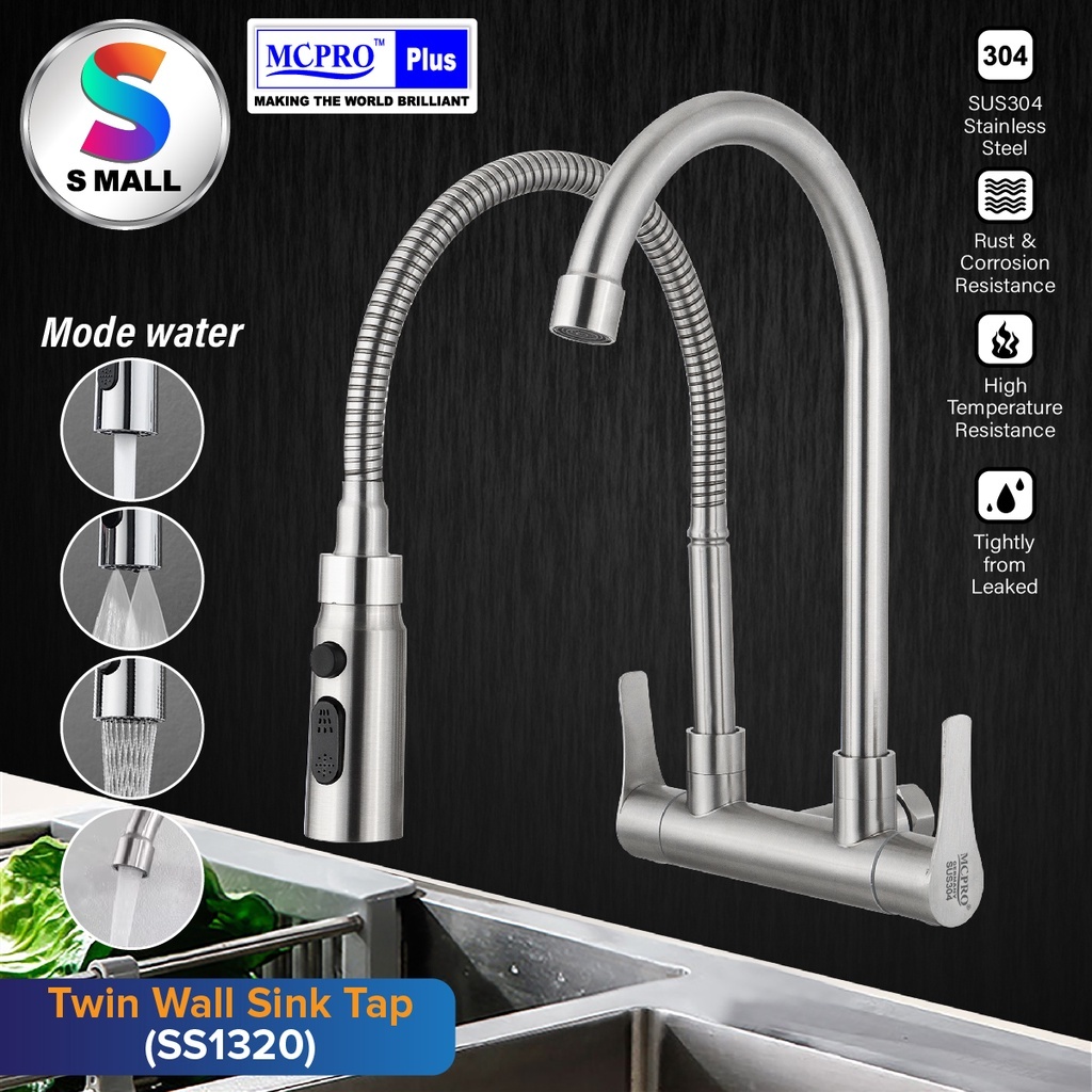 SUS304 WALL PILLAR TWIN UNIVERSAL ROTATE SINK TAP SS1302 / SS1320 / BIG ...