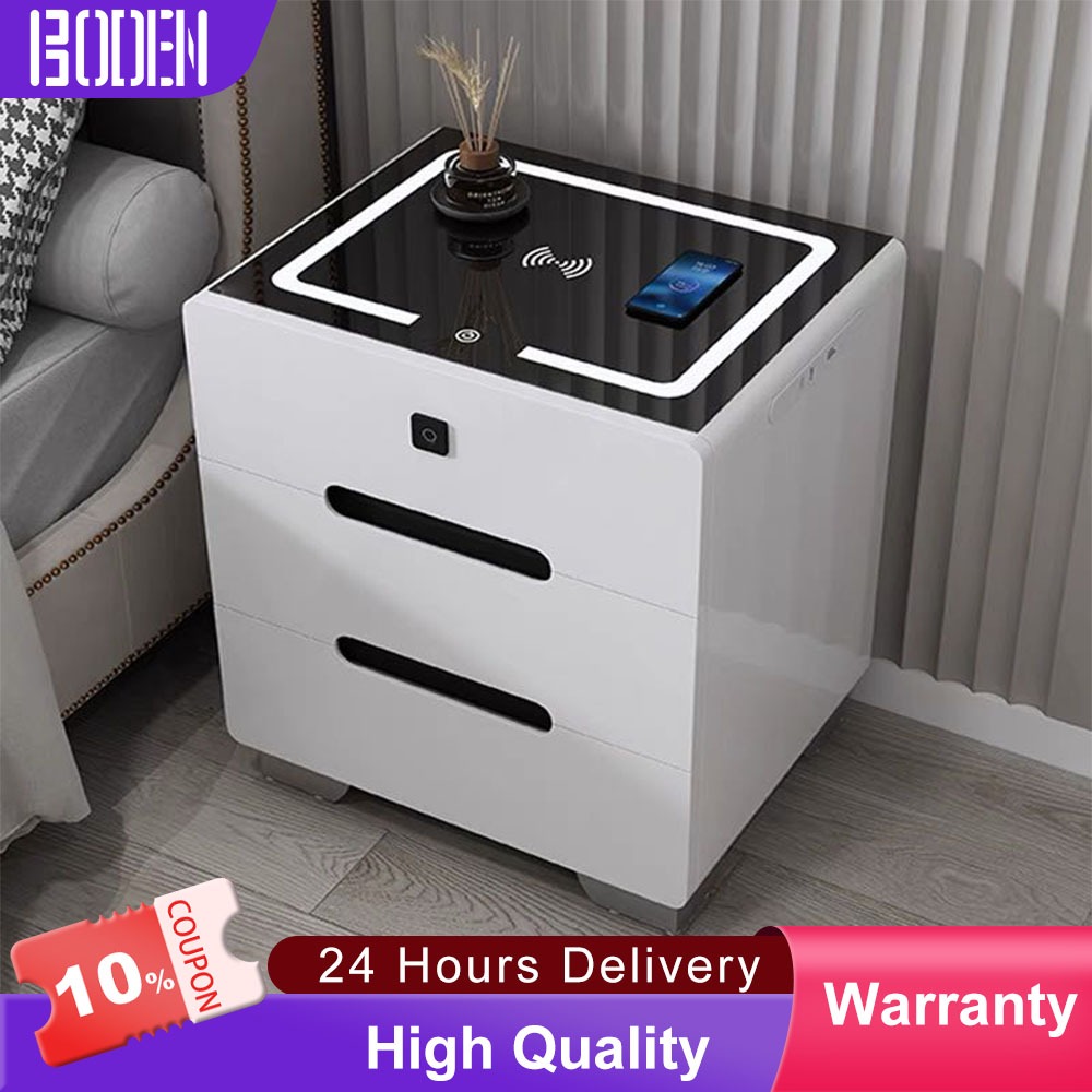 Smart side table drawer solid wood multifunction with 3-color lamp ...