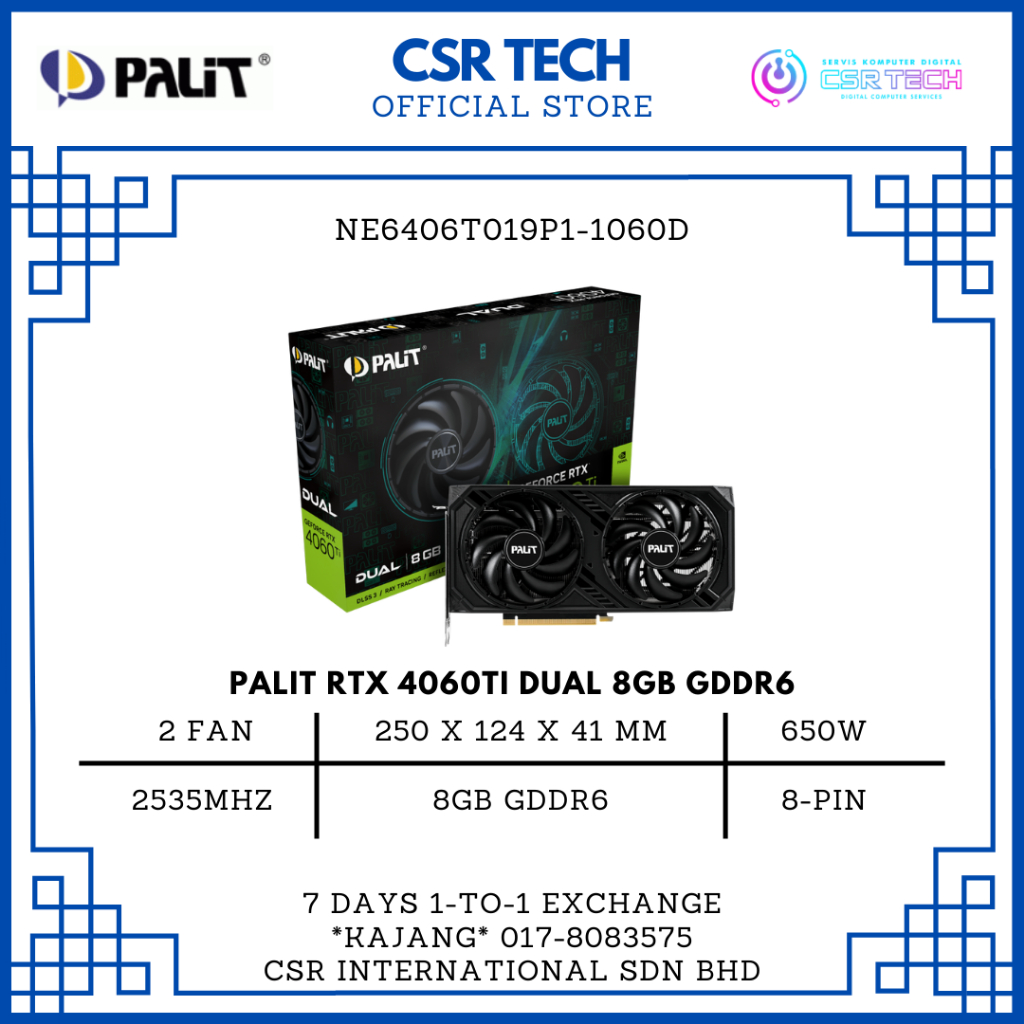PALIT RTX 4060TI DUAL 8GB GDDR6 GPU GRAPHIC CARD NVIDIA (NE6406T019P1 ...