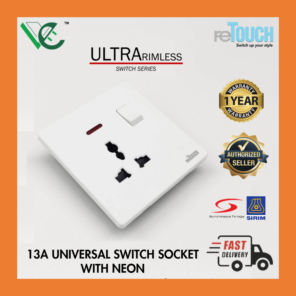 RETOUCH Ultra Rimless 13A Universal 3 Pin Switch Socket With Neon ...