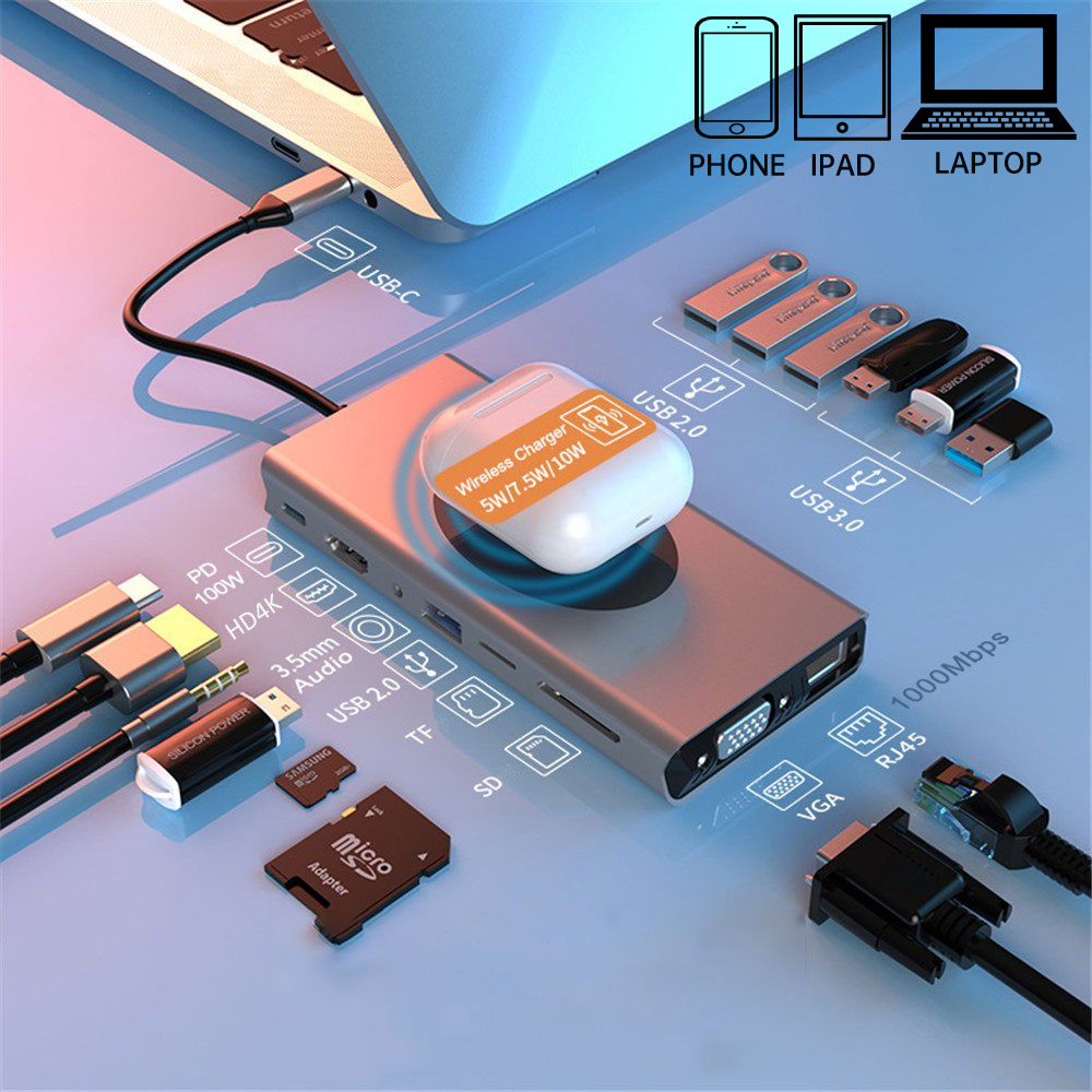 15 IN 1 USB Type C HUB To HDMI-Compatible Adapter OTG Vga RJ45 Lan ...