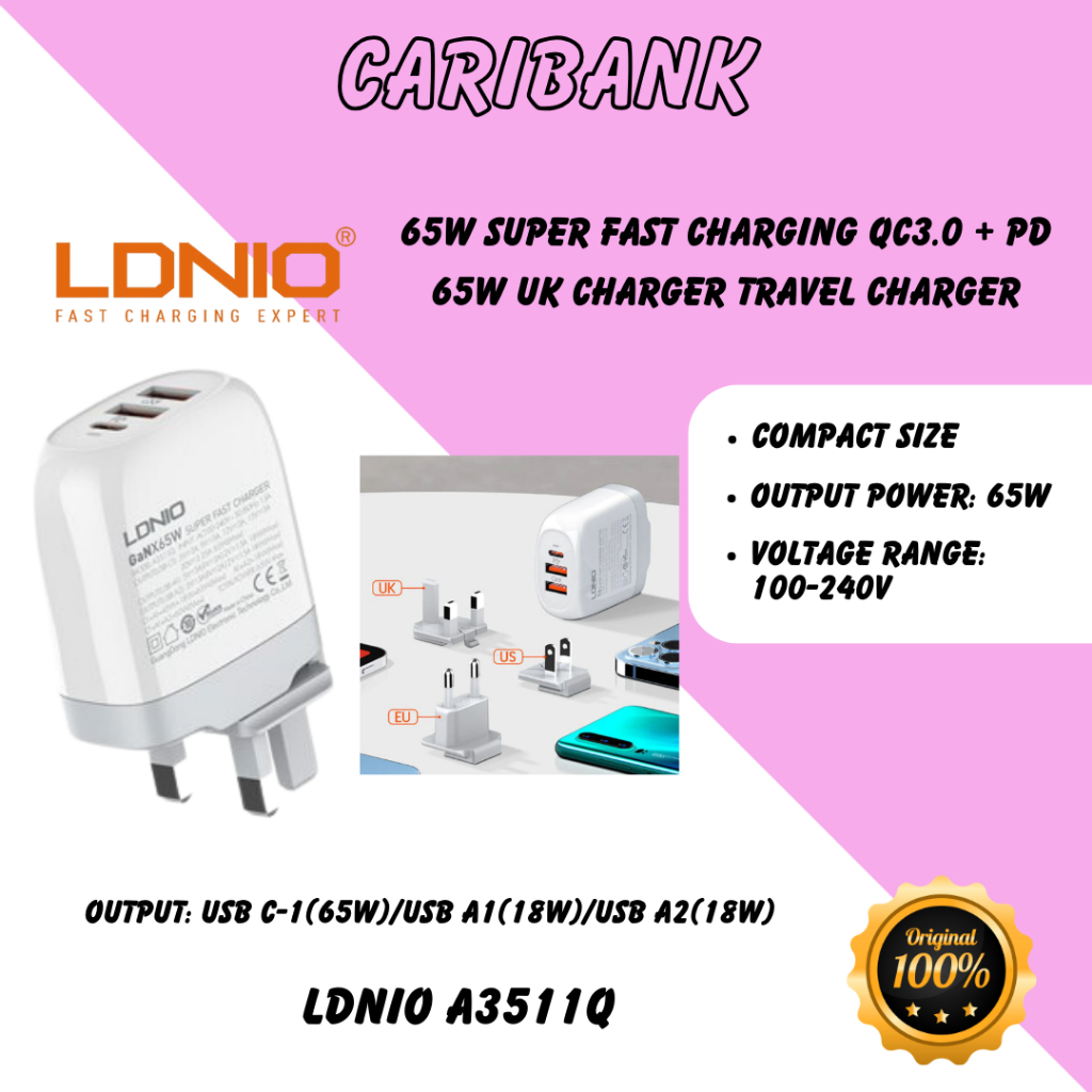 LDNIO A3511Q 65W GaN Super Fast Charging QC3.0 + PD 65W UK Charger ...