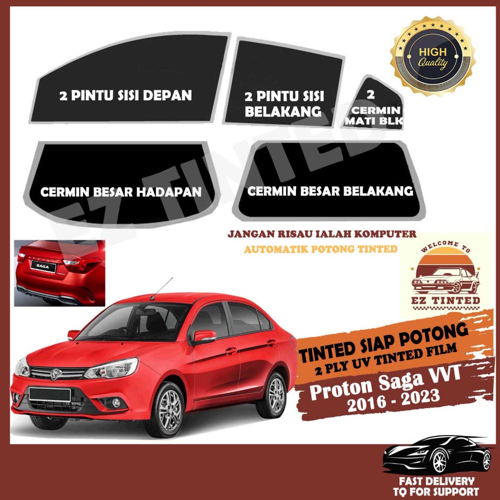 Proton Saga VVT 2016 -2023_Tinted Kereta_2PLY UV Film_Hitam_Siap Potong ...