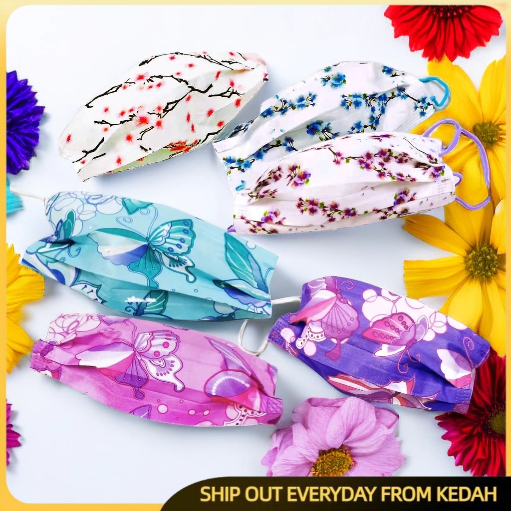 10pcs Mask Bercorak Bunga 3ply Flower Flora Design Face Mask For Women ...