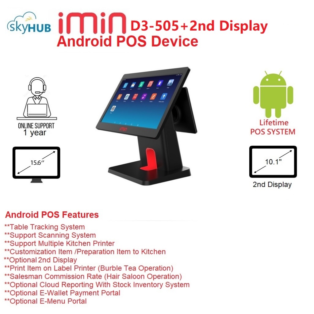 IMIN D3-505 15.6" Touchscreen POS Android All in One Pos Terminal + 10.1" Second Display 2+16 ...