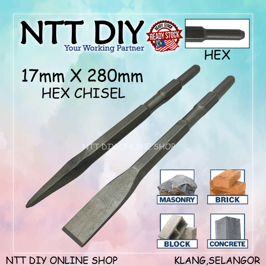 NTT DIY 17 X 280 Hex Chisel Flat / Point Chisel for Electric Rotary ...