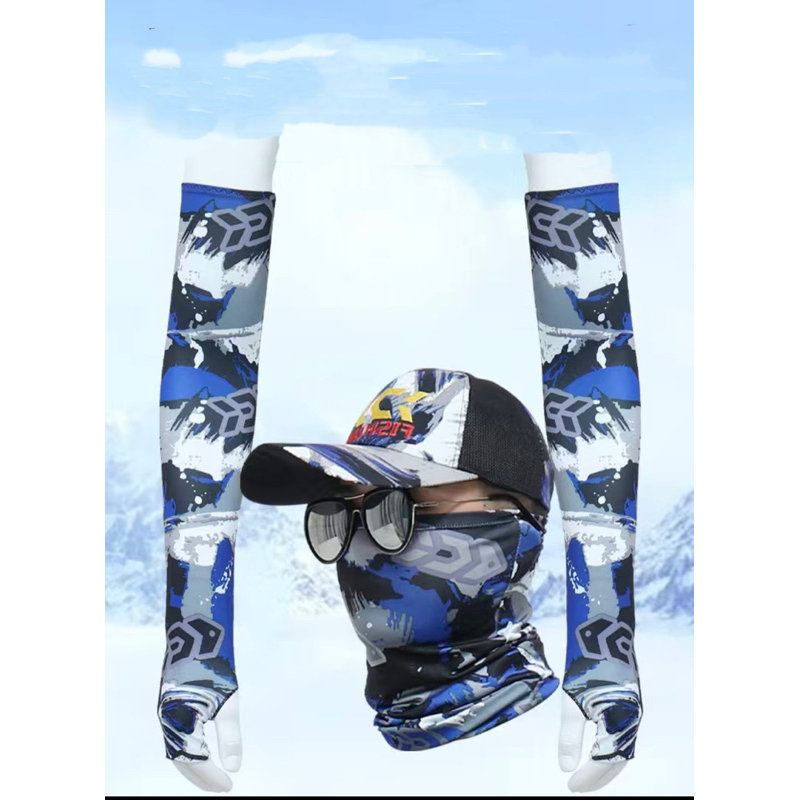 3in1 Anti UV Fishing Ice Silk Arm Sleeve + Head Puff headscarf Face ...