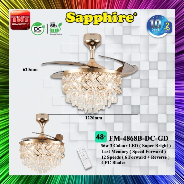 SAPPHIRE CEILING FAN 48" MWH DC MOTOR 4 PC BLADES 36W LED 3 COLOUR ...