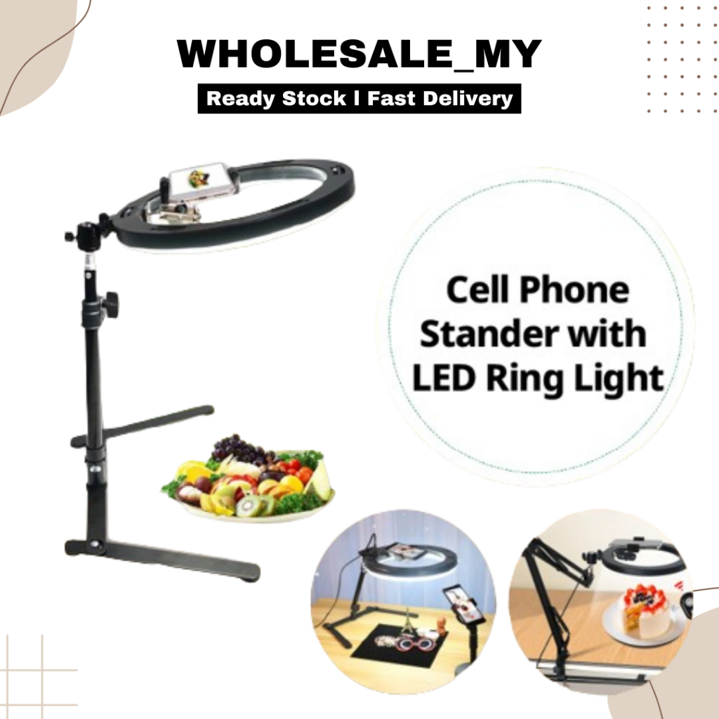 Cell Phone Stander With LED Ring Light Long Arm Stand Selfie Food ...