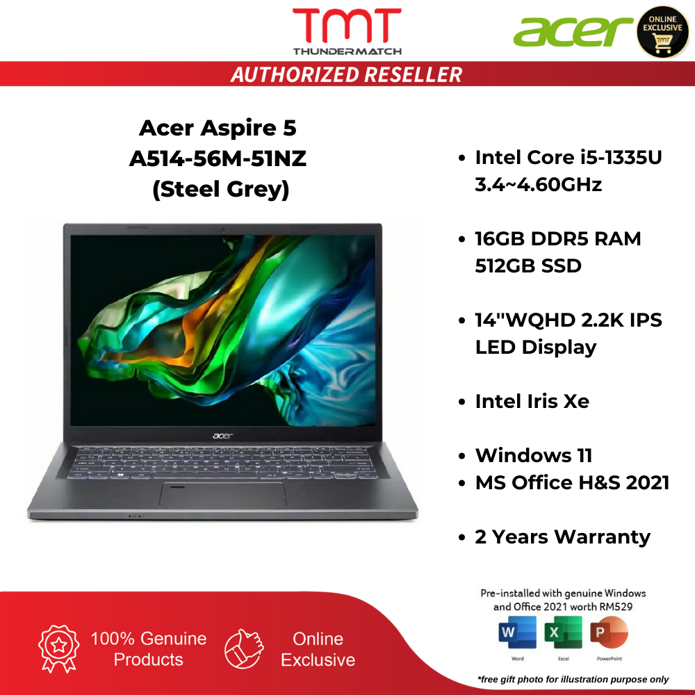 Acer Aspire 5 A514-56M-51NZ Laptop (Steel Grey) | i5-1335U | 16GB RAM ...