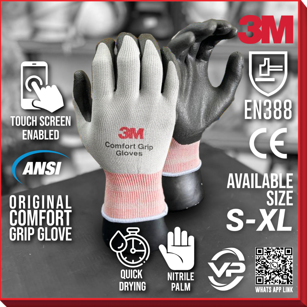 3M COMFORT GRIP GLOVES SIZE S, M, L, XL SARUNG TANGAN FIT NIPIS GETAH ...