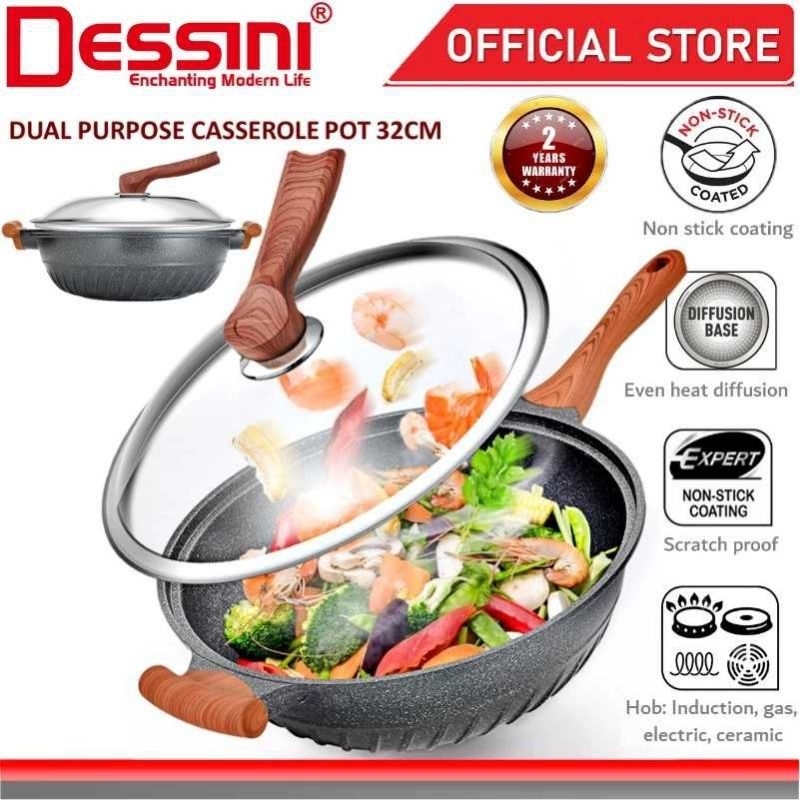 DESSINI ITALY Marble Stone Induction Casserole Non Stick Frying Pan Wok ...
