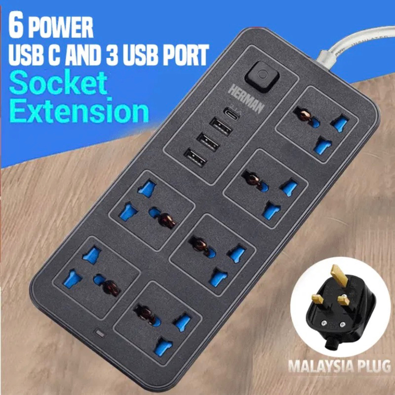 Extension Electric Socket 6 Power Socket Extension Wire Usb Ports Wayar Sambungan Adapter Socket