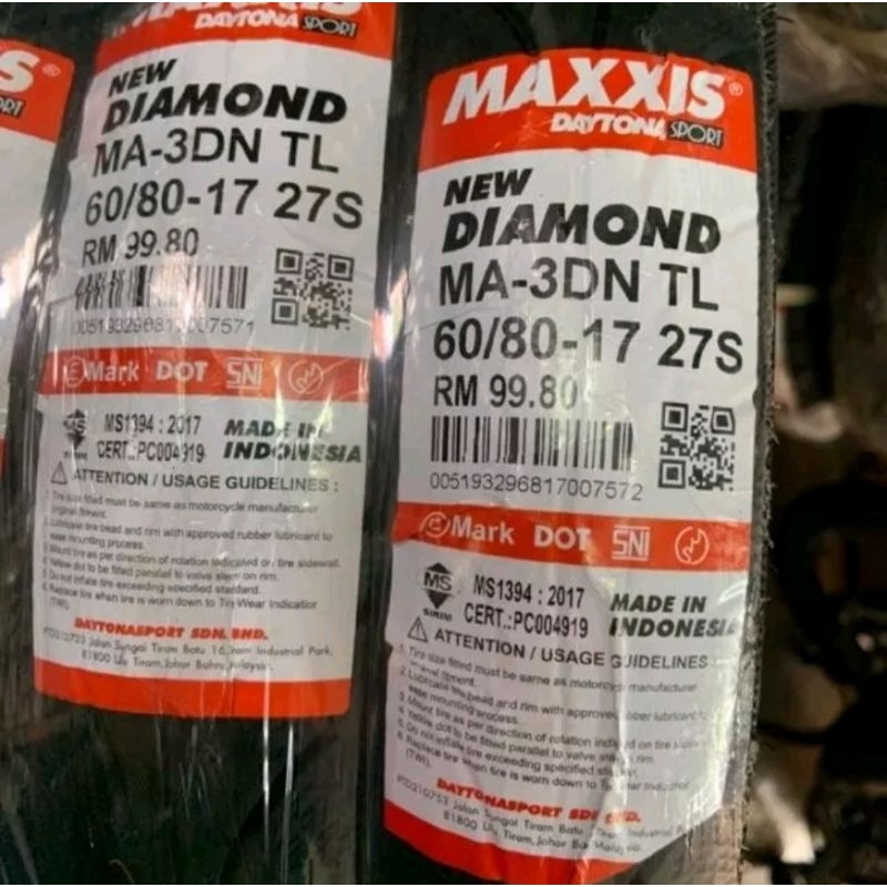 MAXXIS DIAMOND MA-3DN ( 2024 YEAR ) 70/90 80/90 - 17 MADE IN INDONESIA ...