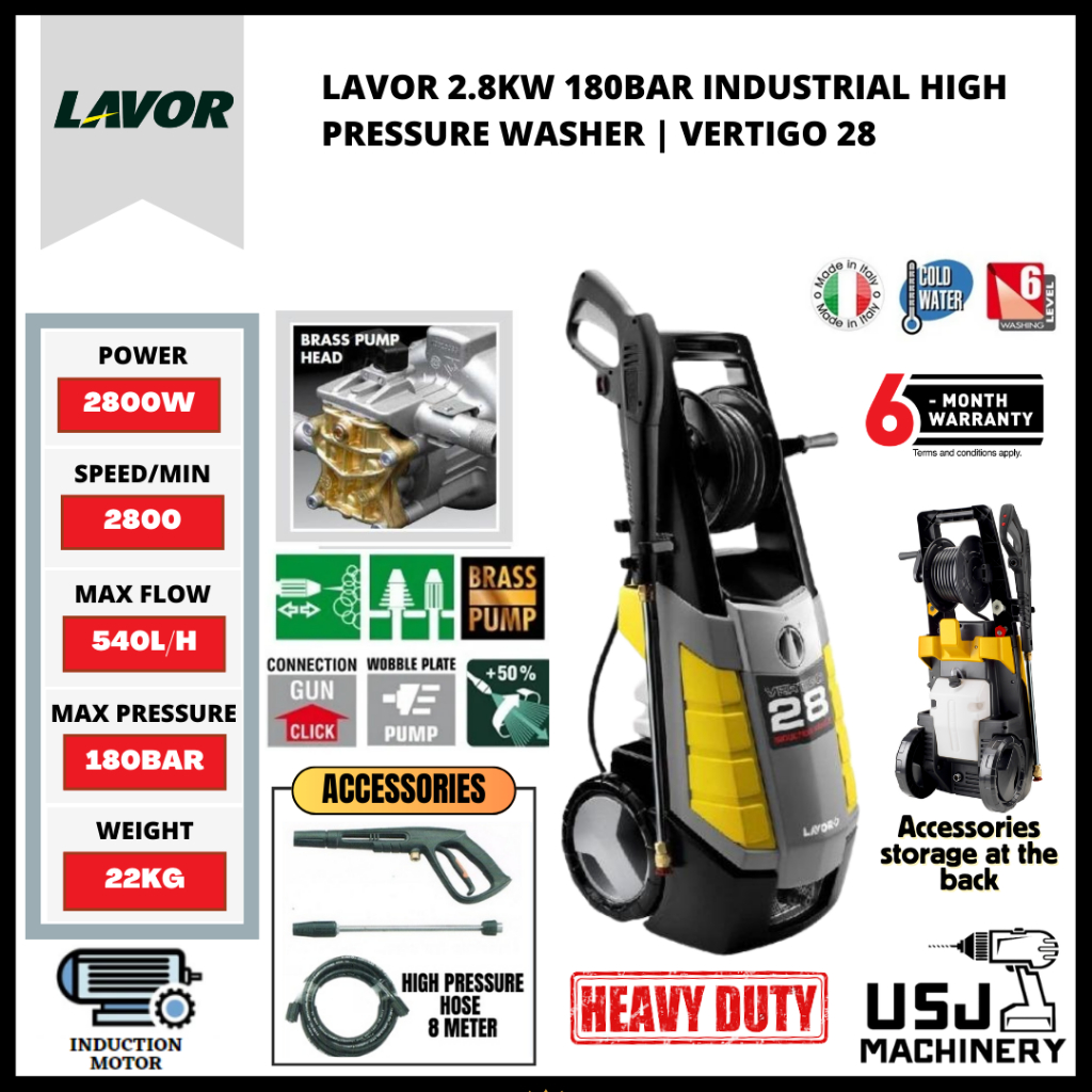 LAVOR 2.8kW/2800W 180Bar Induction Motor Industrial High Pressure Washer Vertigo 28 - Brand ...