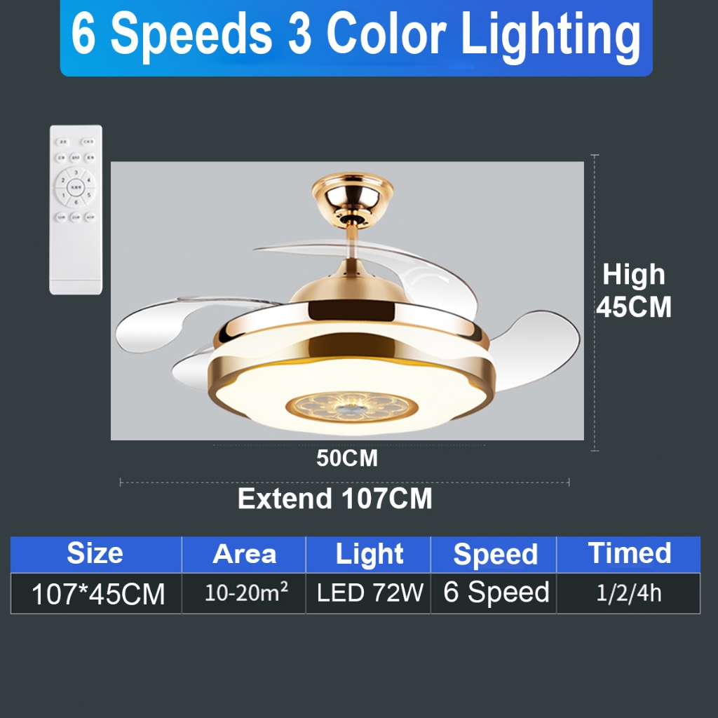 GOGEOUS Ceiling Fan With Light Invisible Blade 6 Speed Strong Wind ...