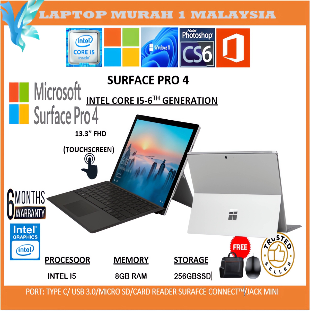 SURFACE PRO 4 INTEL CORE I5-6 GENERATION 8GB RAM/256GB SSD/WINDOWS 11 PRO/6 MONTH WARRANTY ...