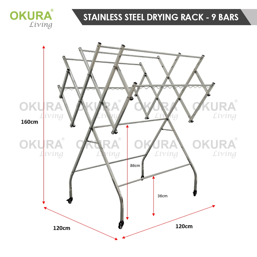 OKURA Stainless Steel Clothes Rack Cloth Drying Rack Foldable Mobility ...