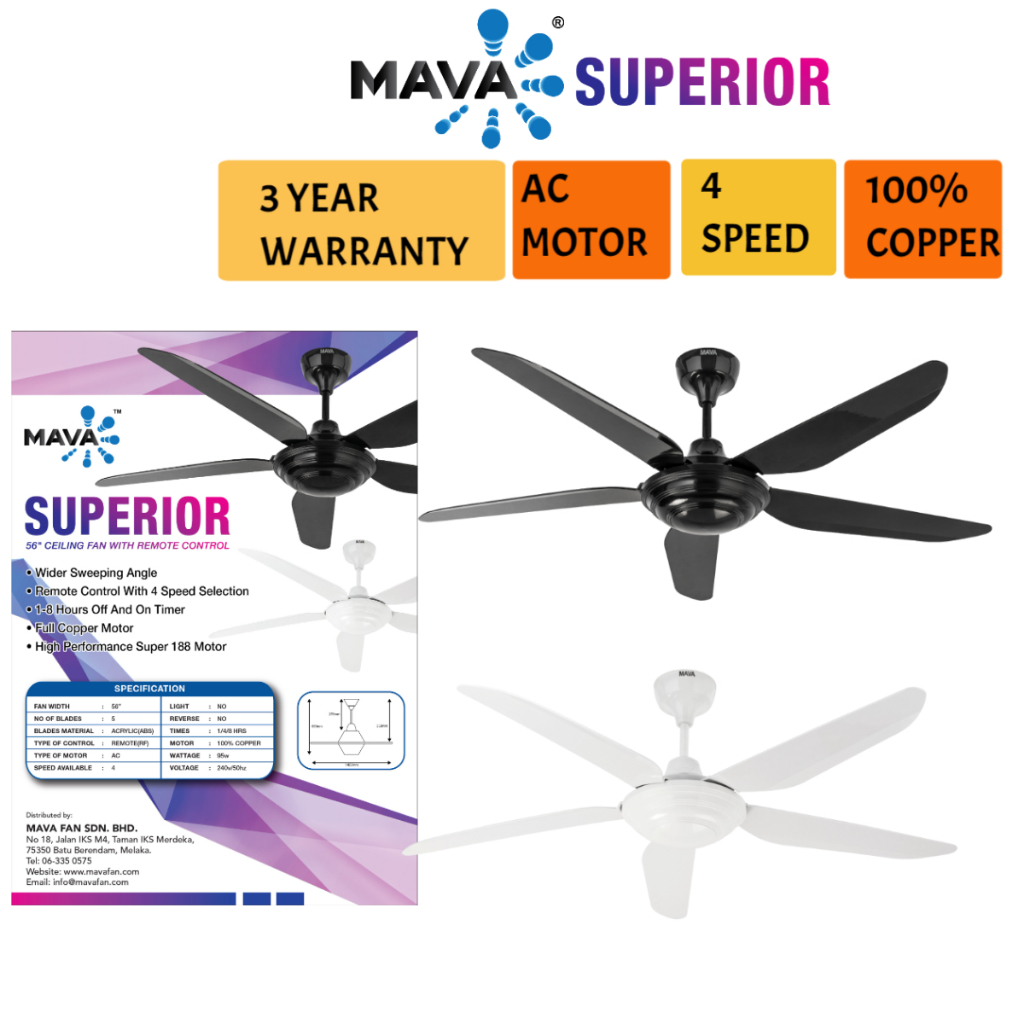 MAVA 56" SUPERIOR CEILING FAN WITH REMOTE CONTROL / 5 BLADES / KIPAS ...