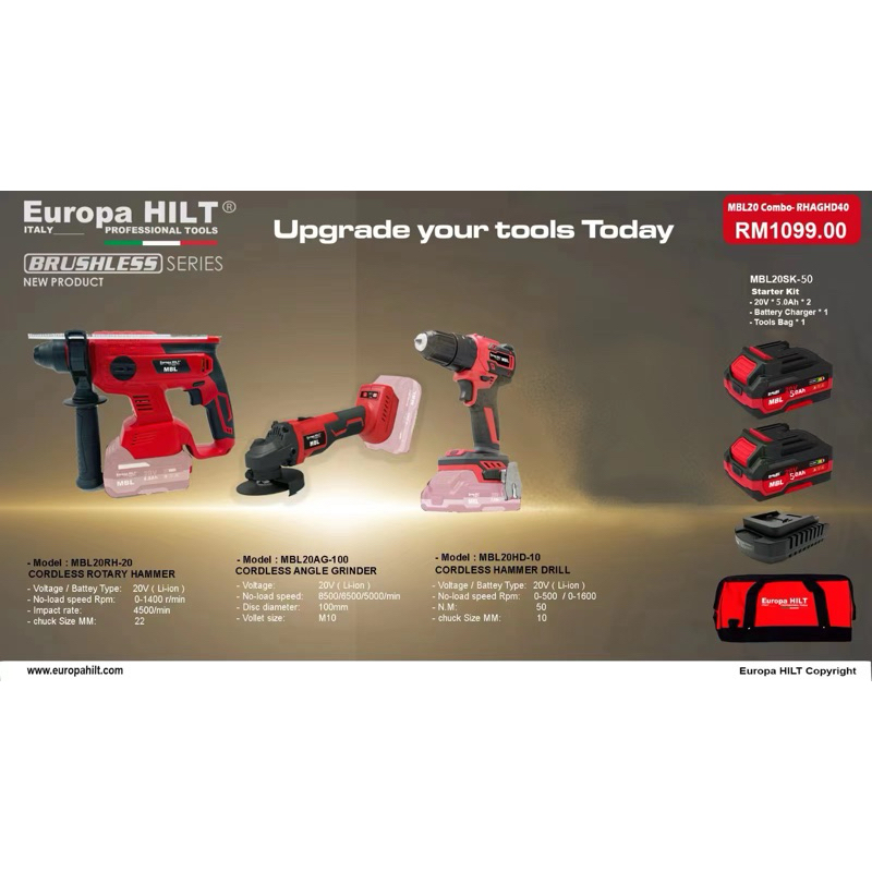 Europa HILT ITALY 20v COMBO Cordless Power Tools Hammer Drill/ Rotary ...