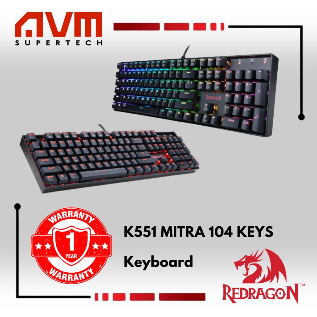 AVM REDRAGON K551 MITRA 104 Keys Black Fullsize Blue Switch Mechanical Keyboard - RGB Backlit ...